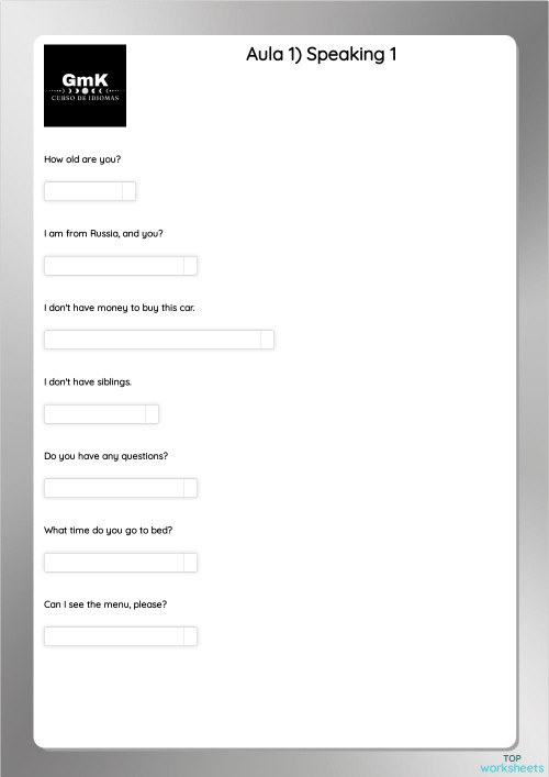 Aula 1) Speaking 1. Ficha interativa | TopWorksheets