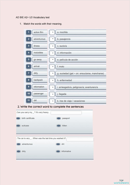 AD BIE A2+ U3 Vocabulary test. Interactive worksheet | TopWorksheets