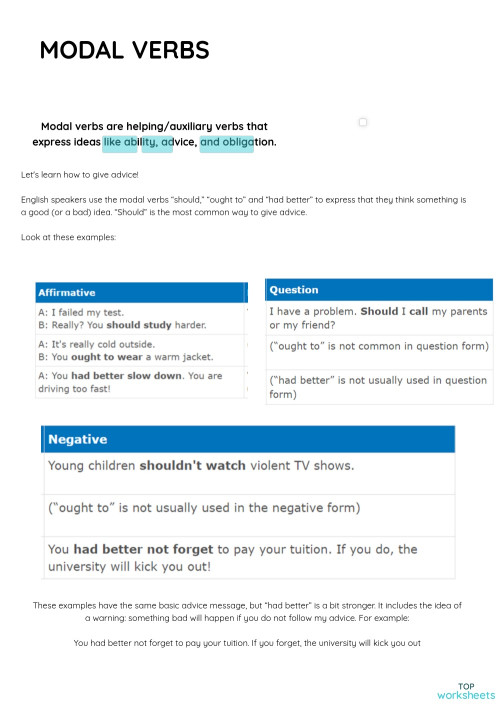 Think 2 - Modal Verbs - P. Interactive worksheet | TopWorksheets