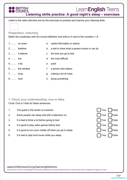 Listening - A good night's sleep. Interactive worksheet | TopWorksheets