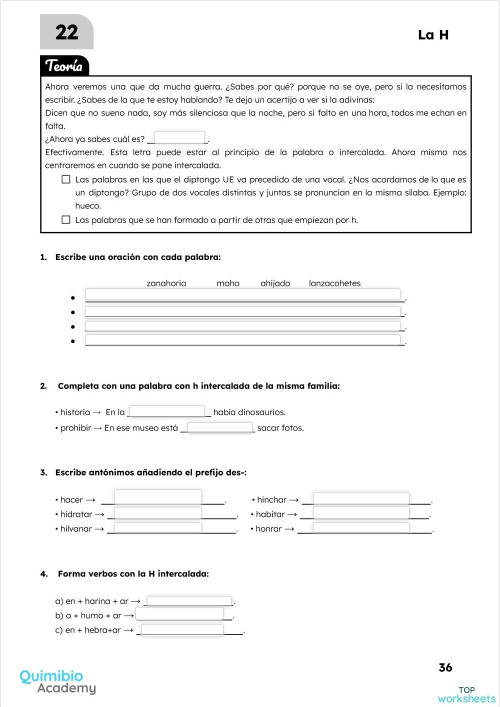 Las palabras con H. Ficha interactiva | TopWorksheets