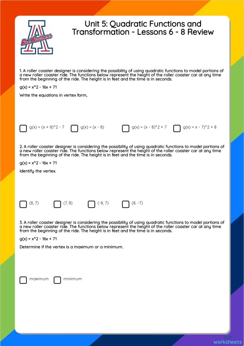 Unit 5: Quadratic Functions and Transformation - Lessons 6 - 8 Review ...