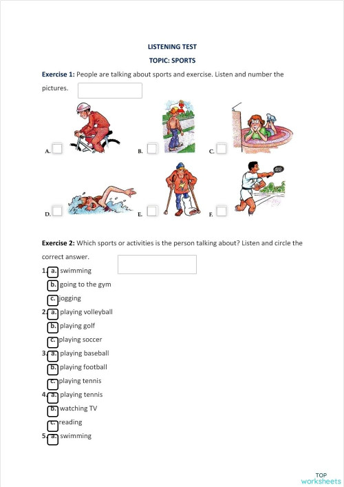 LISTENING TEST - SPORTS. Interactive worksheet | TopWorksheets