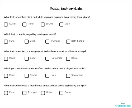 Music instruments. Interactive worksheet | TopWorksheets