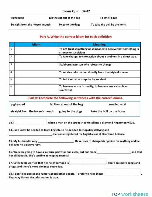 Idioms Quiz 36-42. Interactive worksheet | TopWorksheets
