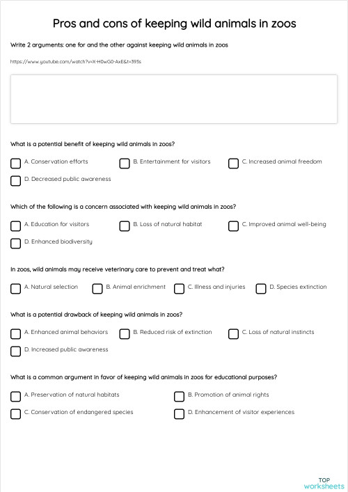 Pros and cons of keeping wild animals in zoos. Interactive worksheet ...