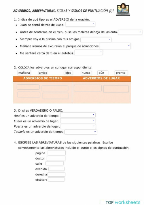 Adverbios, abreviaturas, siglas, signos de ¿?¡!. Ficha interactiva | TopWorksheets