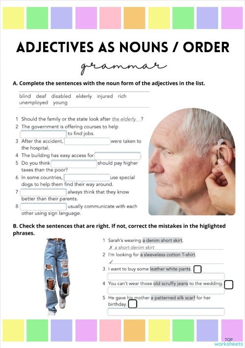 ADJECTIVES AS NOUNS / ORDER. Interactive worksheet | TopWorksheets