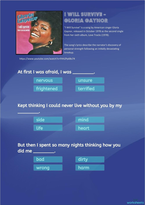 Song Quiz - I will survive - Gloria Gaynor. Interactive worksheet ...