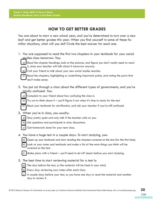 How to Get Better Grades (Grade 7-Study Skills pp. 30). Interactive ...