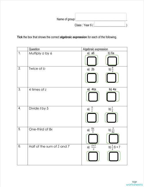 Writing Algebraic Expressions. Interactive worksheet | TopWorksheets