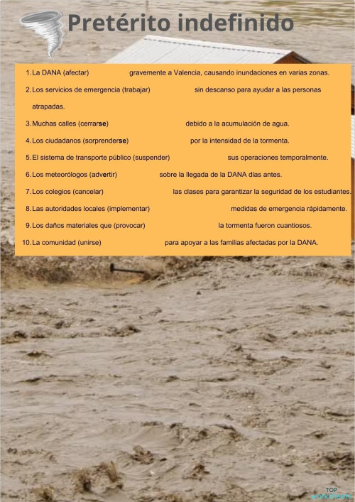 LA DANA PRETERITO INDEFINIDO. Ficha interactiva | TopWorksheets