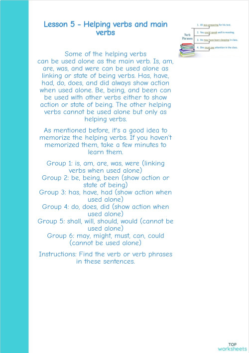 Lesson 5 - Helping verbs and main verbs. Interactive worksheet ...