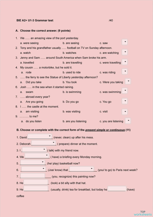 BIE A2+ U1-3 Grammar test. Interactive worksheet | TopWorksheets