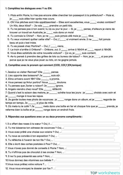 Les pronoms EN-Y-COD-COI-TONIQUES. Fiche interactive | TopWorksheets