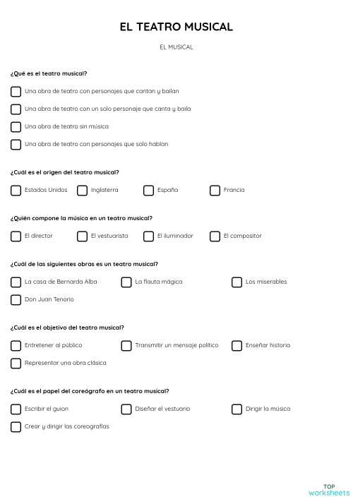 EL TEATRO MUSICAL. Ficha interactiva | TopWorksheets
