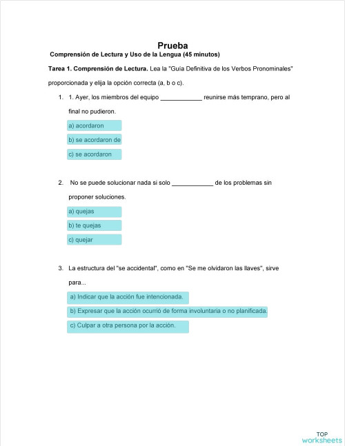 PRUEBA 2 (REFLEXIVOS). Ficha interactiva | TopWorksheets