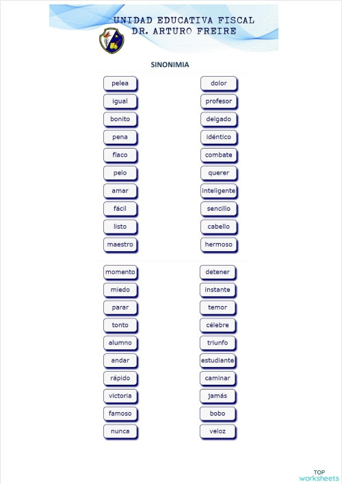 Sinónimos: fichas interactivas y ejercicios online | TopWorksheets
