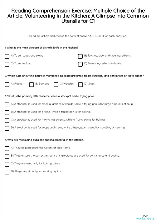 Reading Comprehension Exercise: Multiple Choice of the Article ...