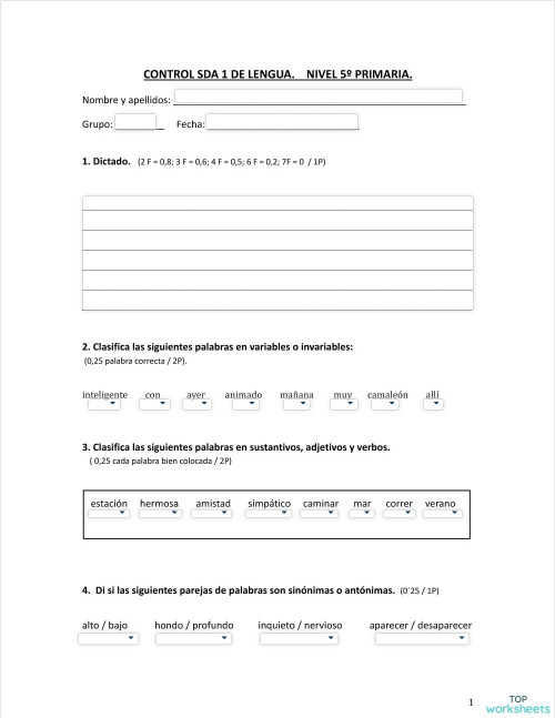 CONTROL TEMA 1 LENGUA 5º. Ficha interactiva | TopWorksheets