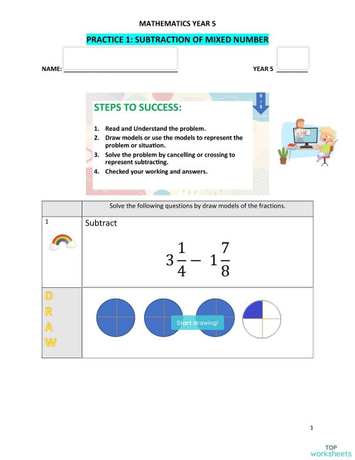 SUBTRACTION OF MIXED NUMBER. Interactive worksheet | TopWorksheets