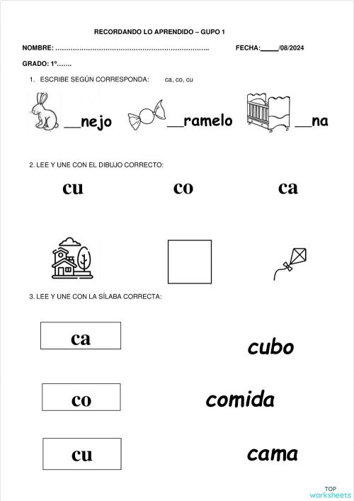 Letras ca - co - cu - Grupo 1. Ficha interactiva | TopWorksheets