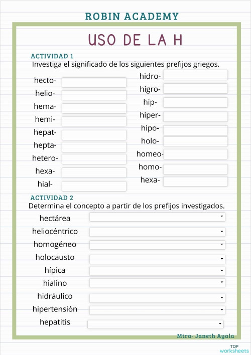 Uso de la H. Ficha interactiva | TopWorksheets