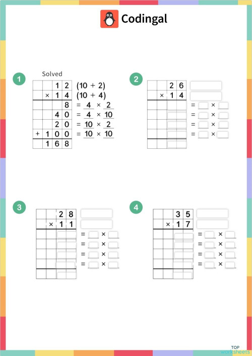 M_G04M04L09_WA02_Partial products of 2 and 3 digit numbers. Interactive worksheet | TopWorksheets