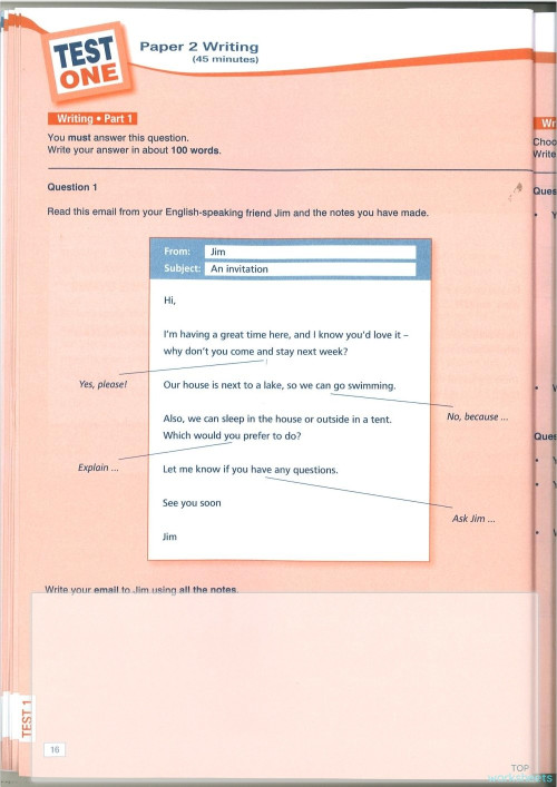 Cambridge B1 Test 1 WRITING. Interactive worksheet | TopWorksheets