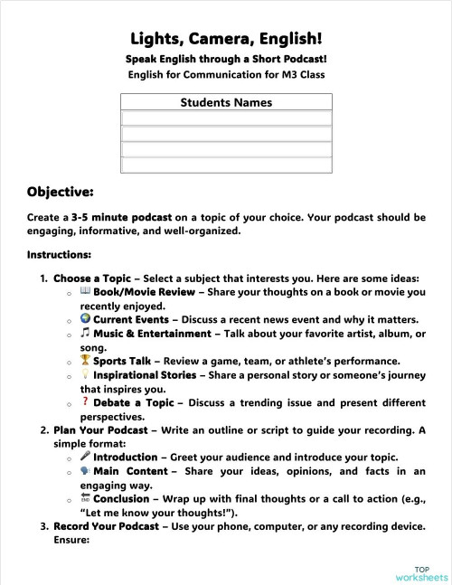 Mini Podcast for M3. Interactive worksheet | TopWorksheets