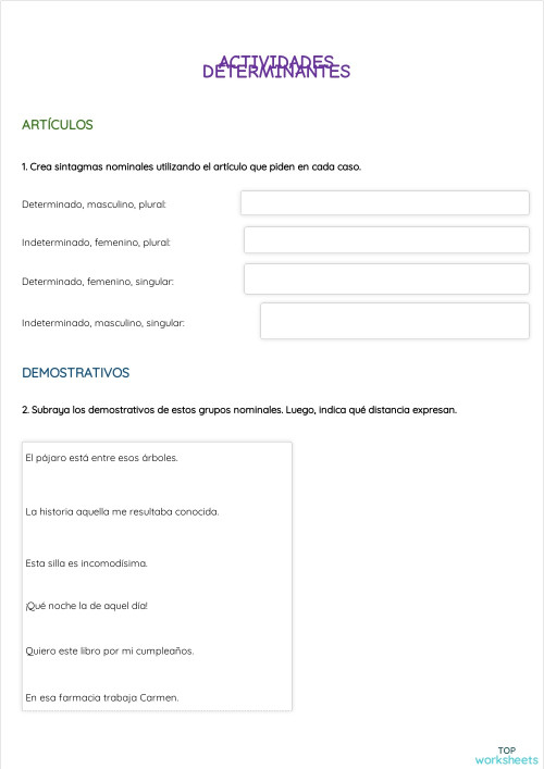 Los determinantes. Ficha interactiva | TopWorksheets
