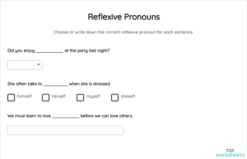 Reflexive Pronouns. Interactive worksheet | TopWorksheets