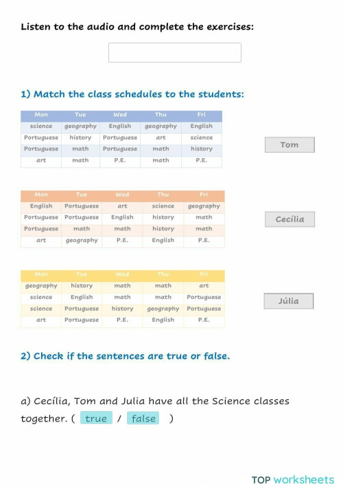 Listening - School subjects. Interactive worksheet | TopWorksheets