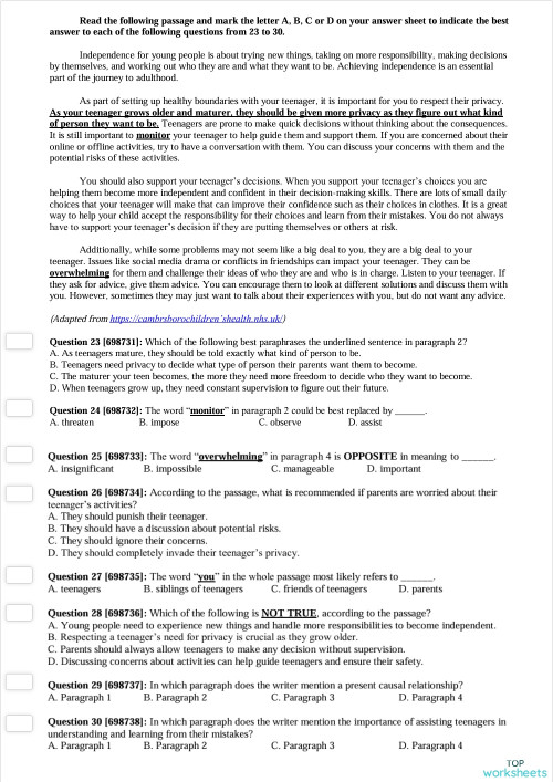 READING MULTIPLE CHOICE 12. Interactive worksheet | TopWorksheets