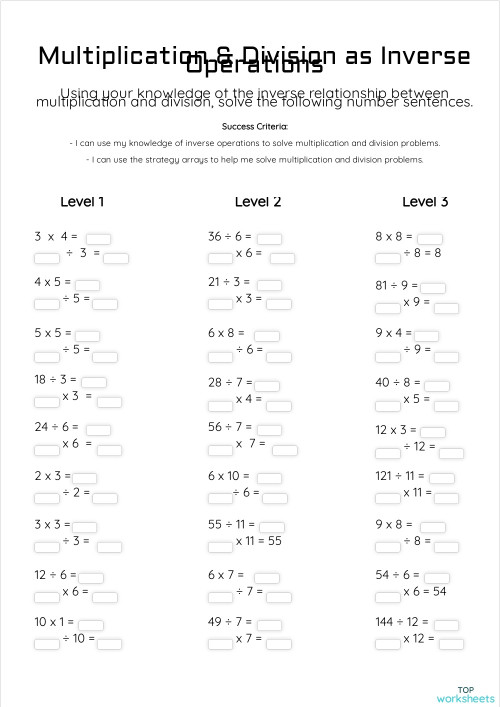 Multiplication & Division as Inverse Operations. Interactive worksheet ...