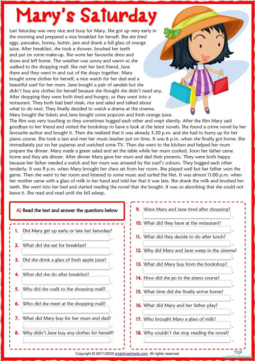 Mary's Saturday. Interactive worksheet | TopWorksheets