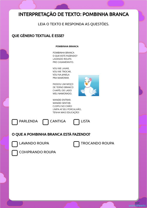 INTERPRETAÇÃO DE TEXTO: POMBINHA BRANCA. Ficha interativa | TopWorksheets