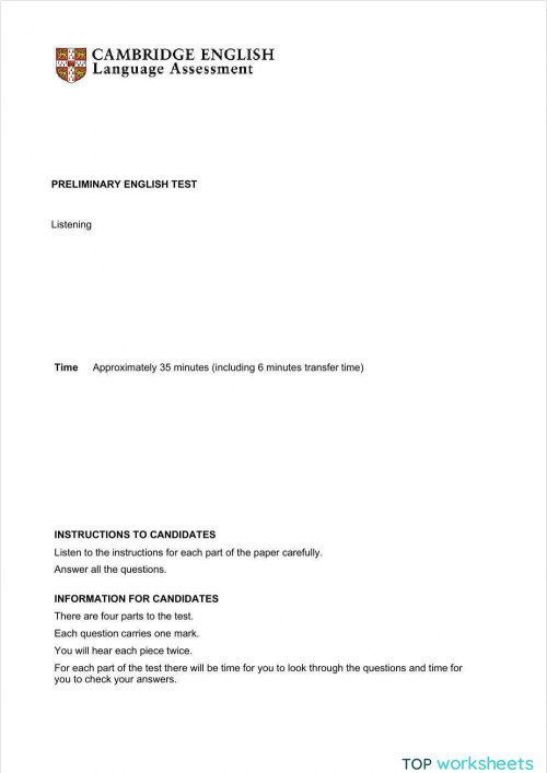 Preliminary Listening Test. Interactive worksheet | TopWorksheets
