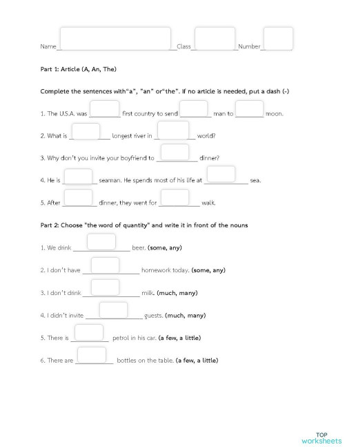 Article and Quantifiers. Interactive worksheet | TopWorksheets