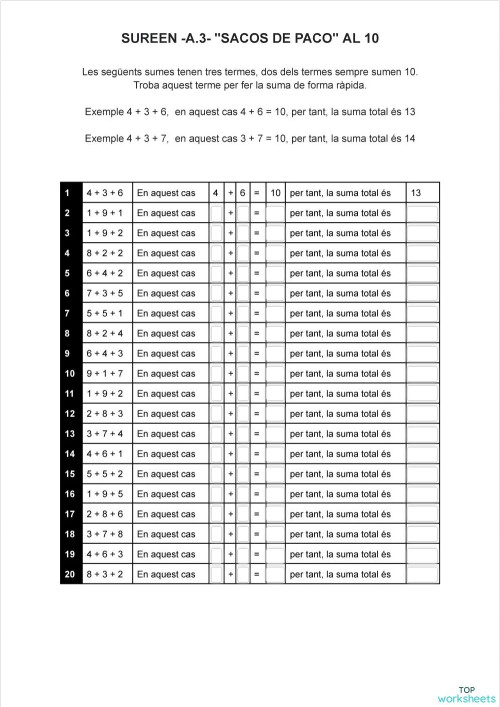 SUREEN -A.3- "SACOS DE PACO" AL 10. Fitxa interactiva | TopWorksheets