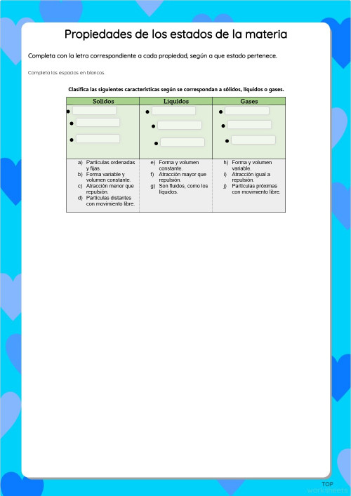 Propiedades de los estados de la materia. Ficha interactiva | TopWorksheets
