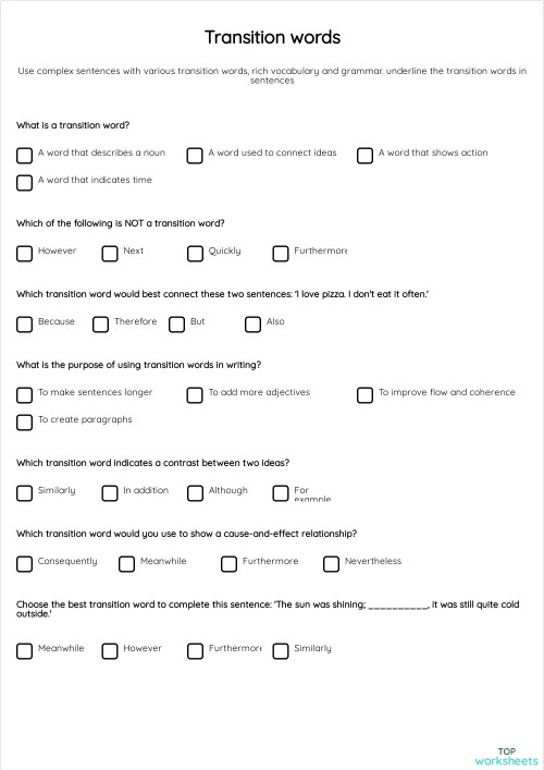 Transition words. Interactive worksheet | TopWorksheets