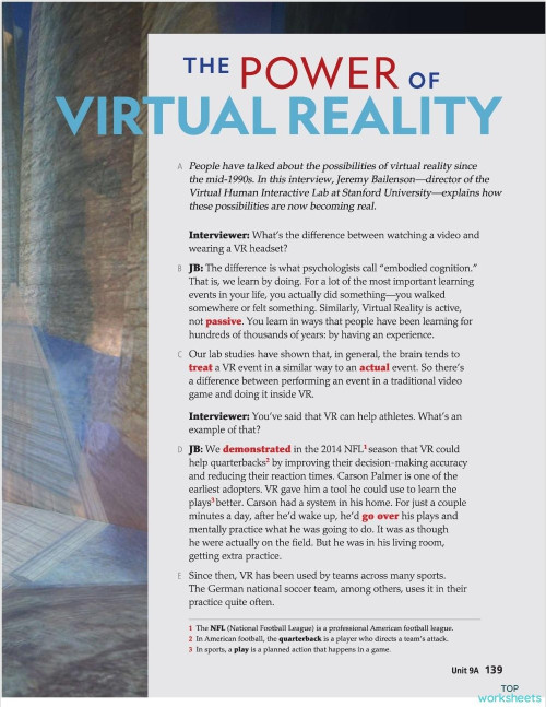 READING - VIRTUAL REALITY. Interactive worksheet | TopWorksheets