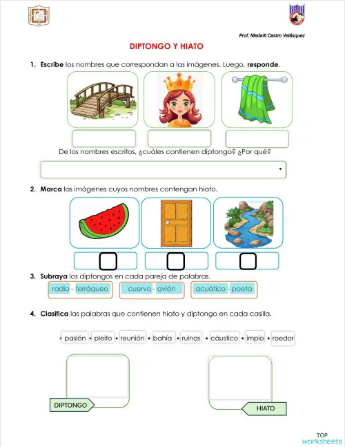 Diptongos e Hiatos. Ficha interactiva | TopWorksheets