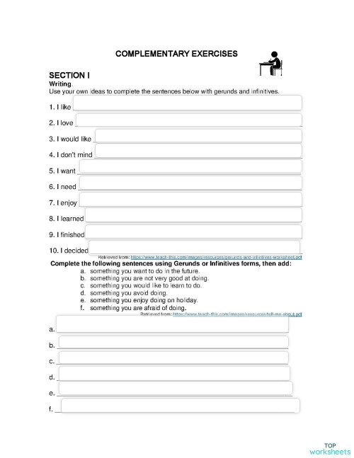 COMPLEMENTARY EXERCISES- Writing (infinitives and gerunds). Interactive ...