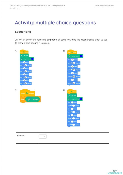 Multiple choice answers – Programming essentials in Scratch – part I. Interactive worksheet ...