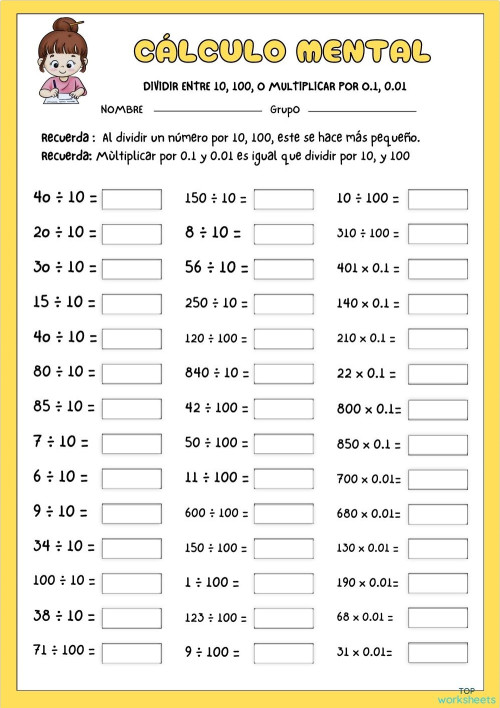 Cálculo mental. Dividir por 10-100 y multiplicar por 0.1-0.01. Ficha ...
