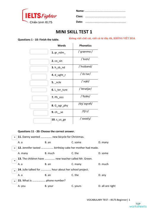 MINI TEST 1. Interactive worksheet | TopWorksheets