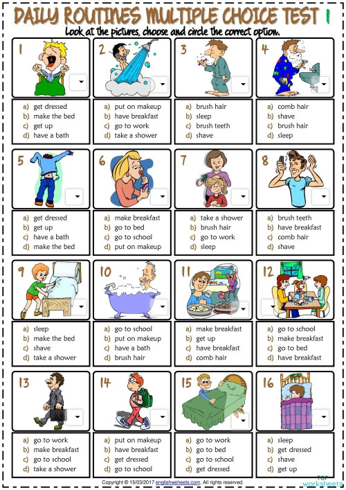 Daily routine เลือกตอบ ใบงานเชิงโต้ตอบ | TopWorksheets