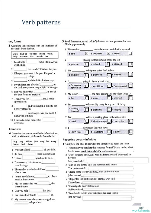 Verb Patterns Int. Interactive worksheet | TopWorksheets
